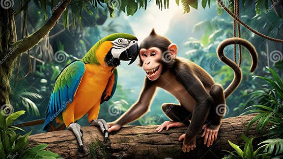 A Parrot and Monkey are Talking Each Other while Sitting on the Branch ...