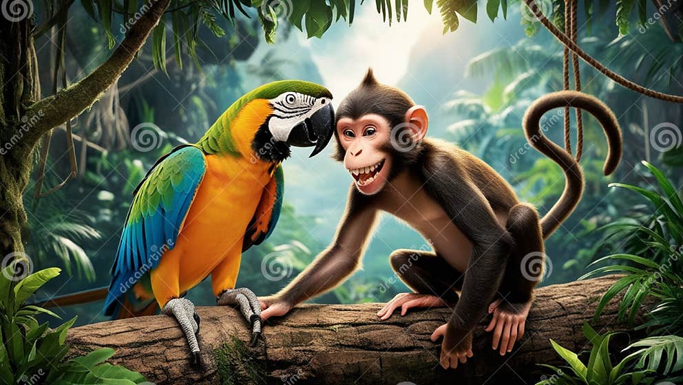 A Parrot and Monkey are Talking Each Other while Sitting on the Branch ...