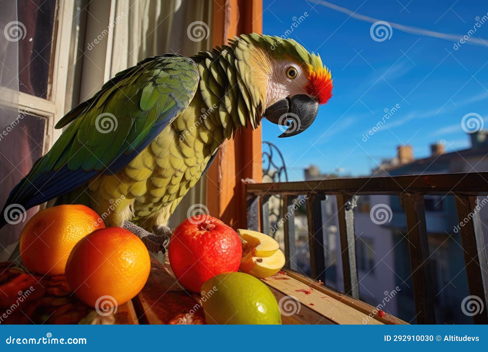 A Parrot Nibbling on a Fruit while Sitting on a Balcony Railing in the ...