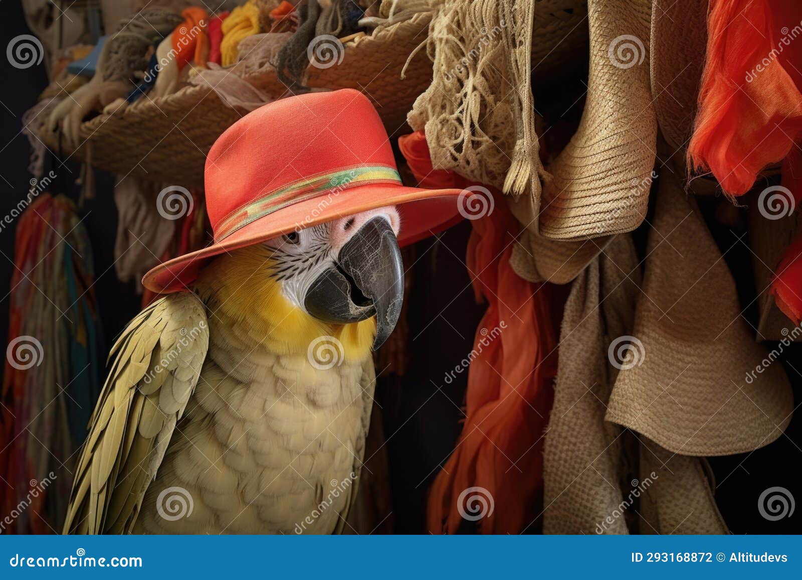 A Parrot Nibbling on a Straw Hat on a Clothes Rack Stock Photo - Image ...