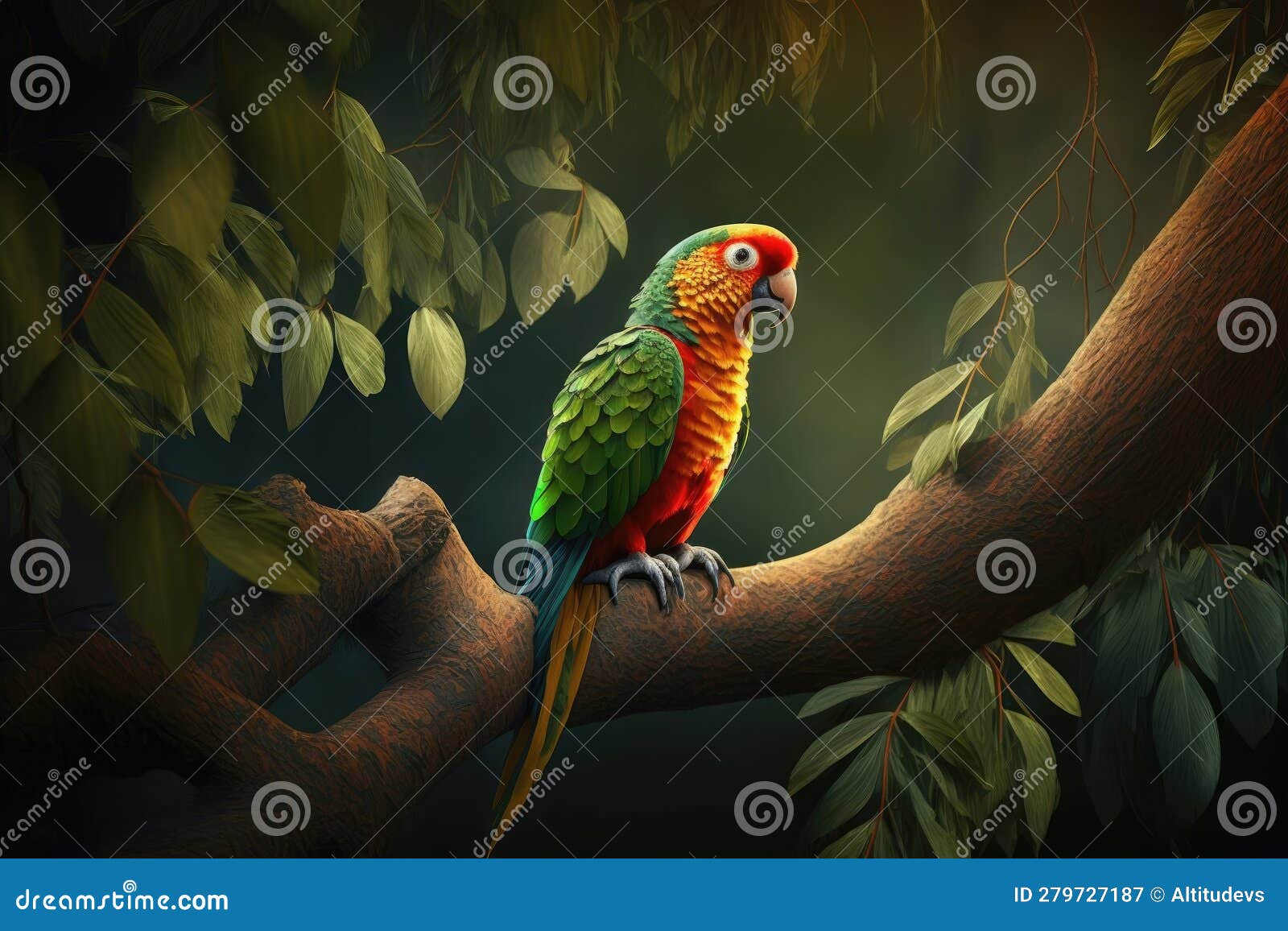 Parrot Perched on Tree Branch, Surveying the Jungle Stock Image - Image ...