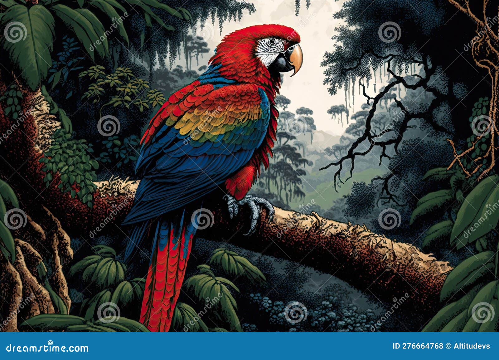 Parrot Perched on Tree Branch, Surveying Jungle Landscape Stock Photo ...