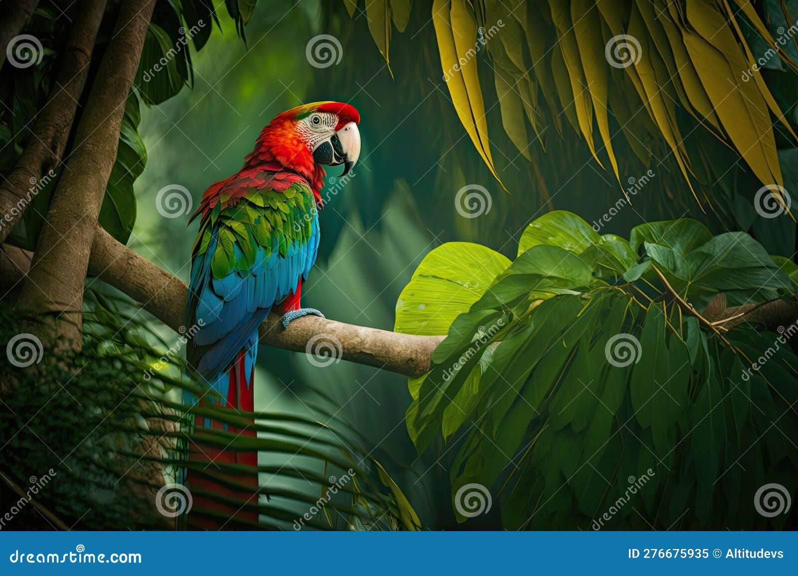 Parrot Perched on Tree Branch, Surveying the Lush Jungle Stock ...