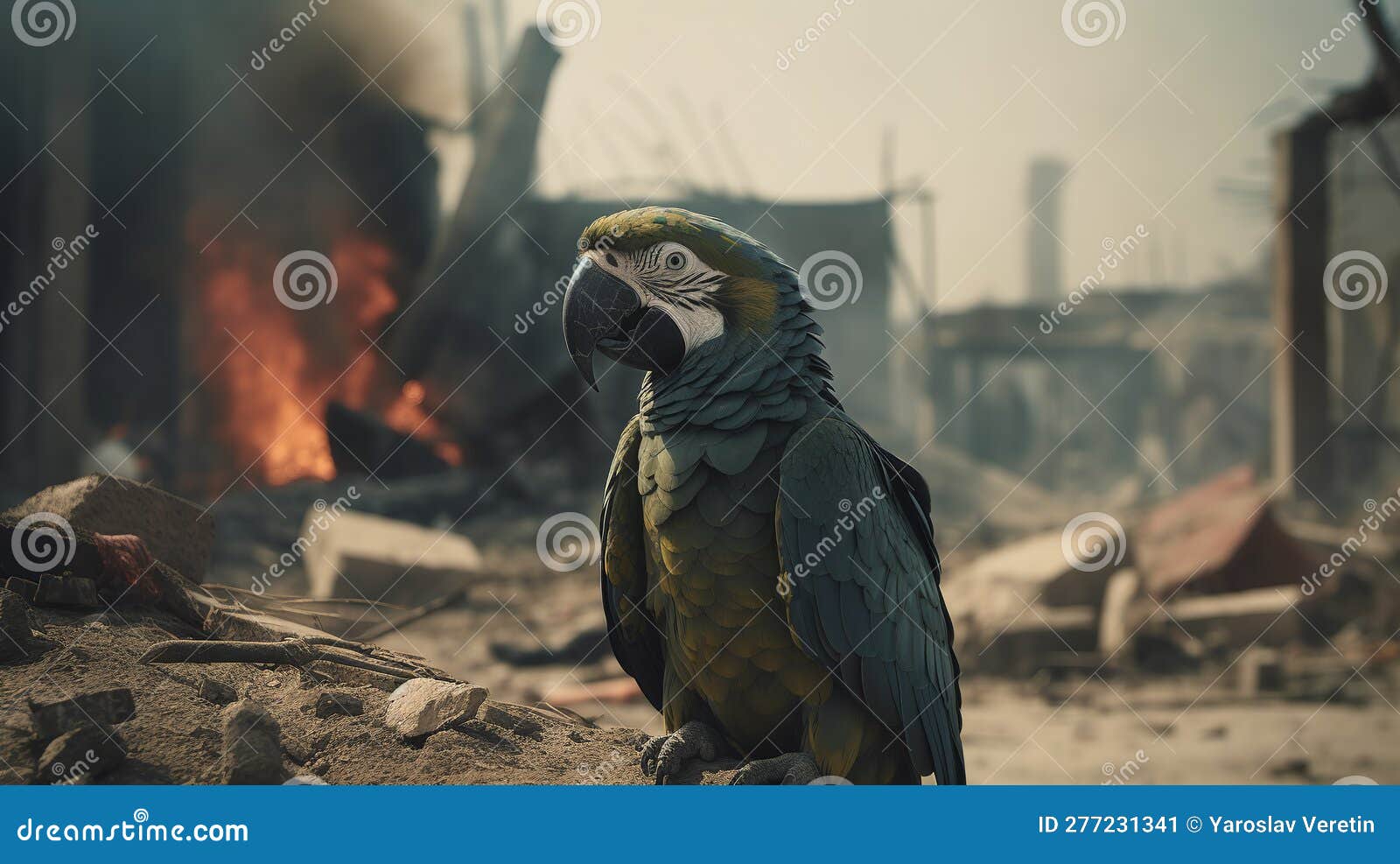 A Parrot in a Post Apocalyptic World, Perched on a Rusted Metal Beam ...