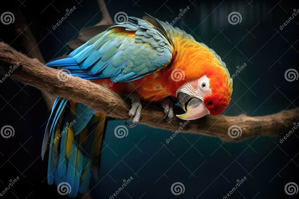 Parrot Preening while Hanging Upside-down on a Branch Stock Photo ...