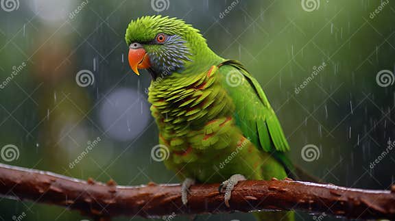 Parrot in Rain. Parrot on a Branch in the Rain Stock Photo - Image of ...