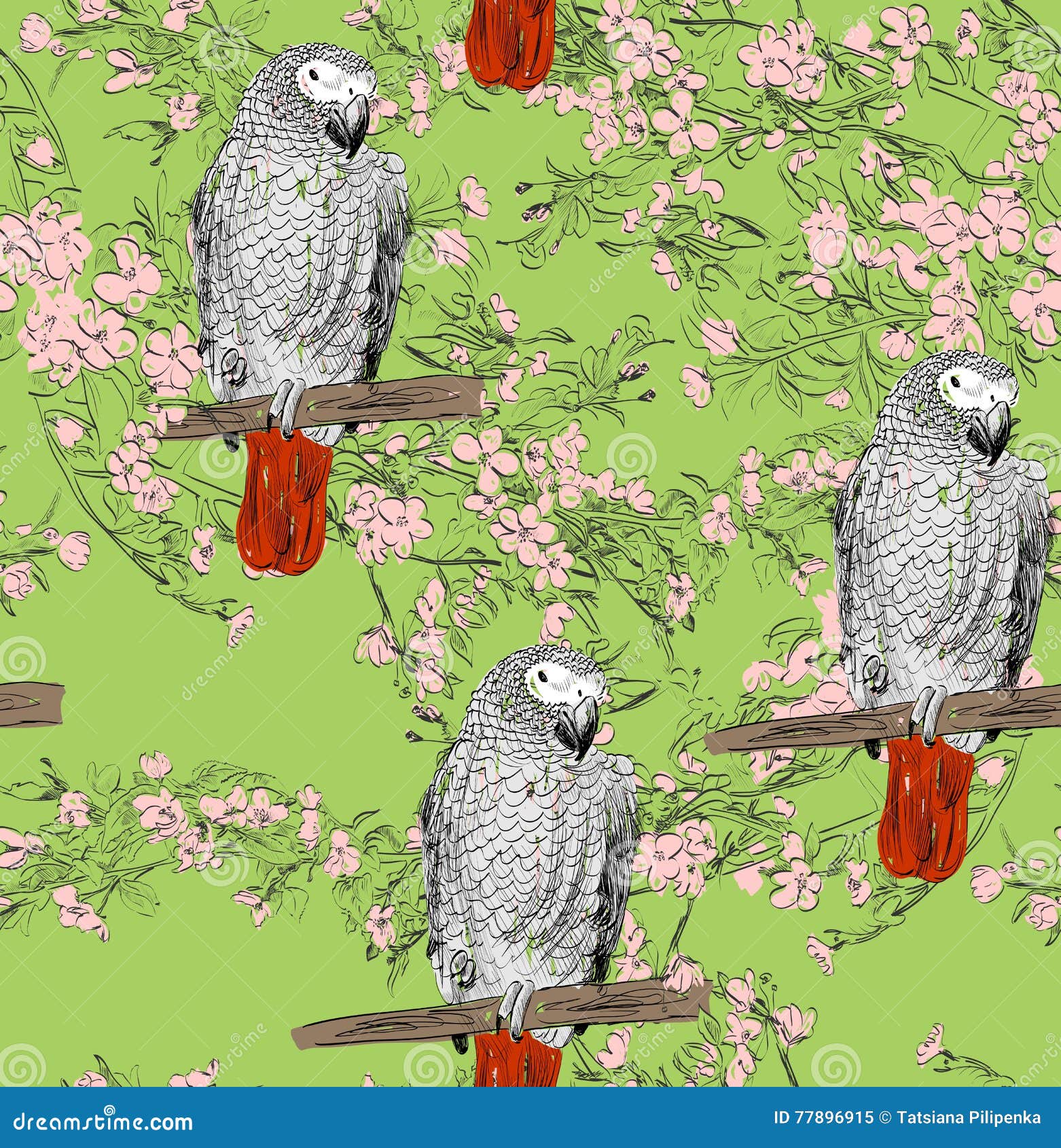 Parrot. Seamless pattern stock vector. Illustration of flower - 77896915