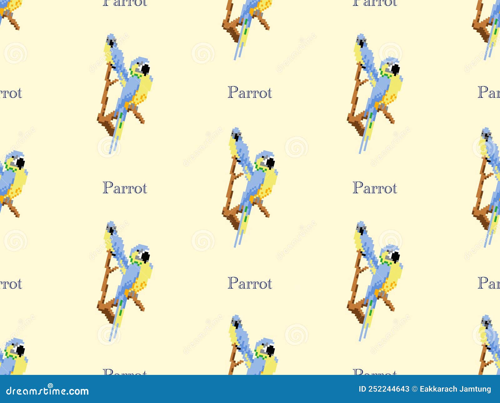 Parrot Seamless Pattern on Yellow Background. Pixel Style Stock ...
