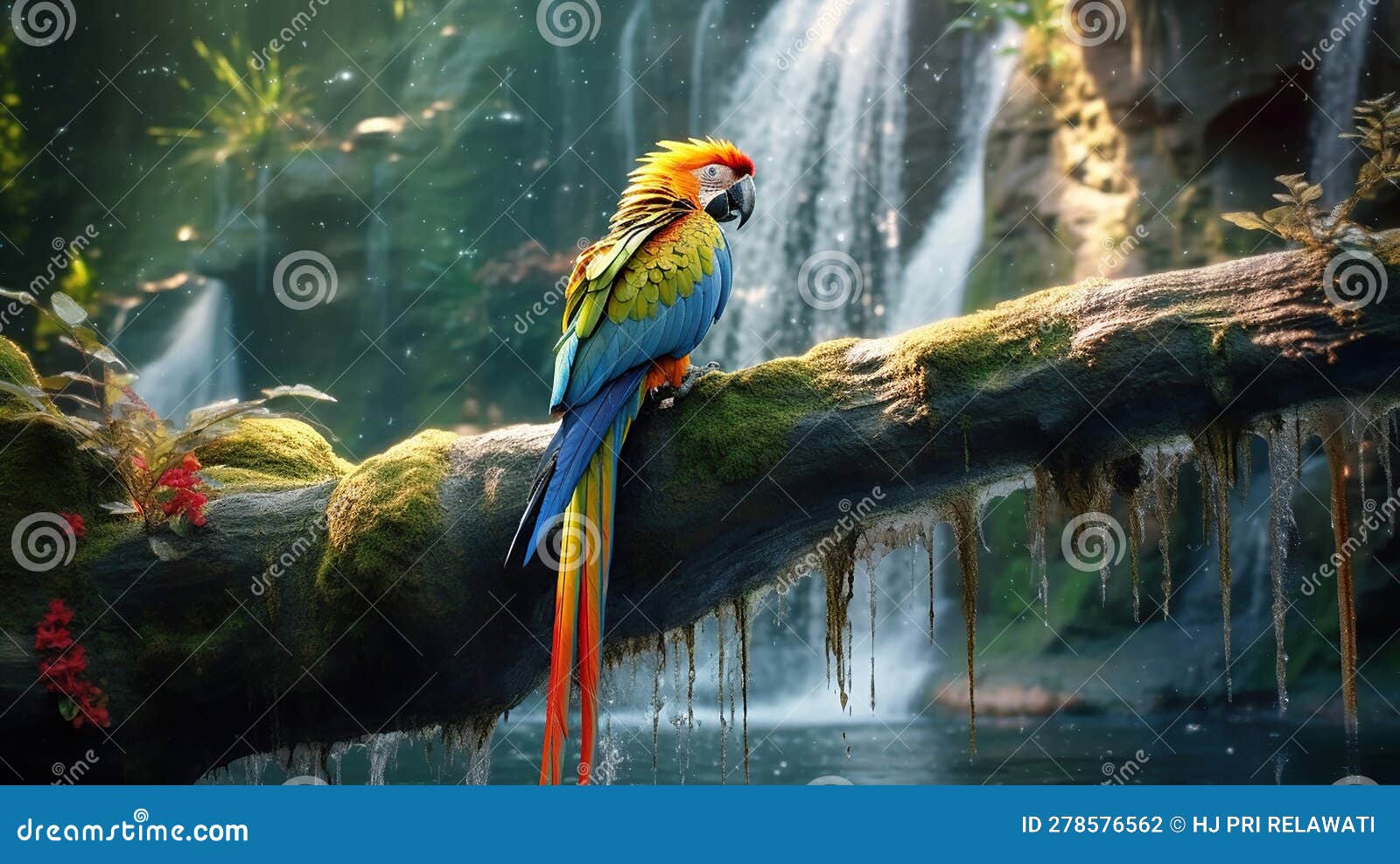 Parrot is Sitting on a Branch Near a Waterfall. Generative Ai Stock ...