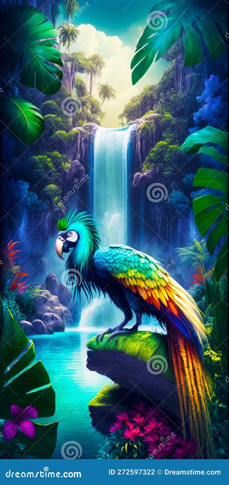 Parrot Sitting on Rock in Front of Waterfall. Generative AI Stock ...