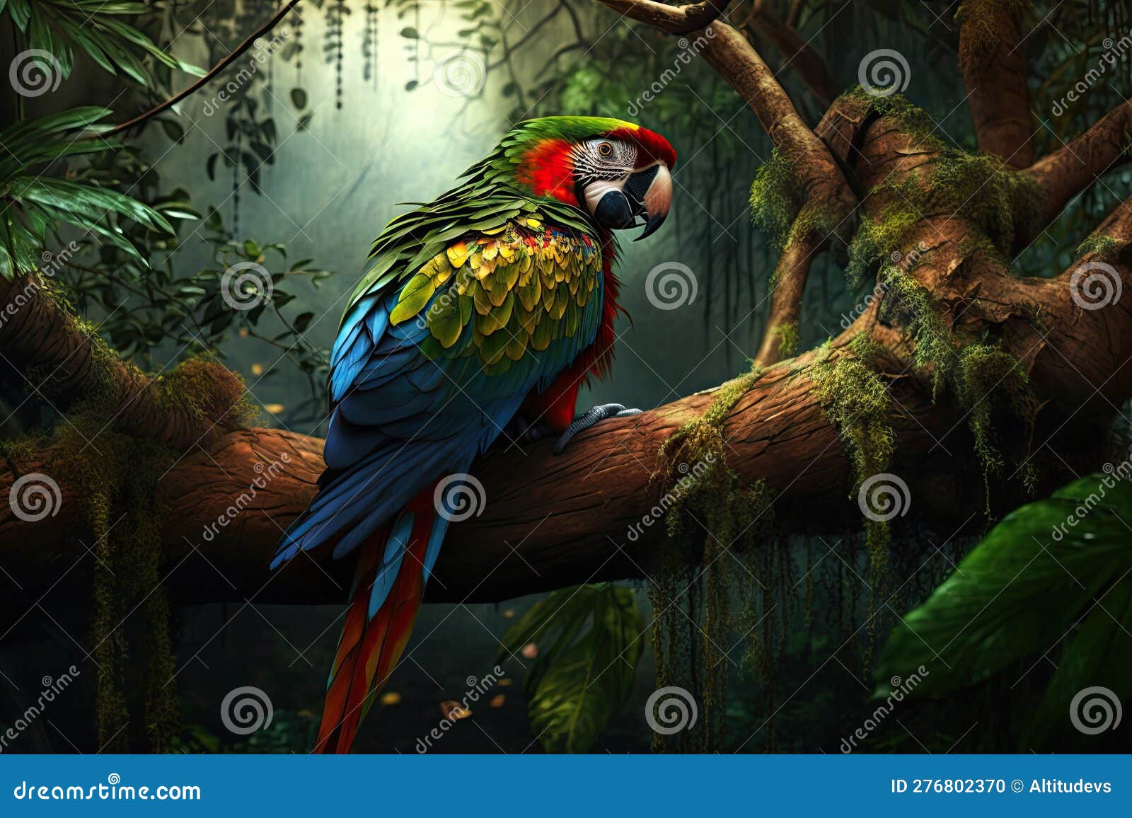 Parrot Sitting on Tree Branch, Looking Down at Jungle Floor Stock ...