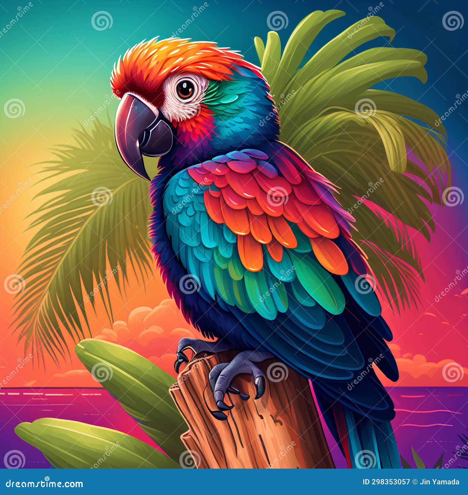 Parrot Sitting on a Tree in the Tropics. Vector Illustration Stock ...