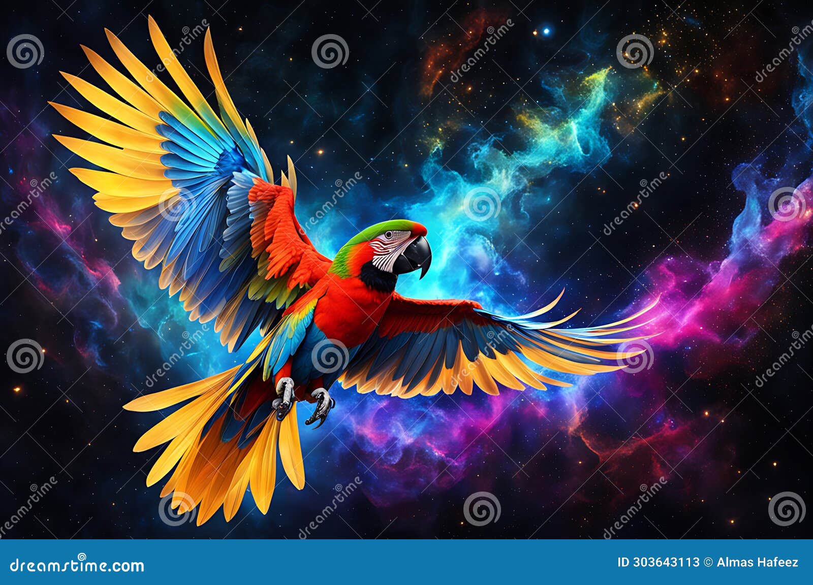 Parrot Soaring through a Cosmic Nebula, Vibrant Feathers Casting Colors ...