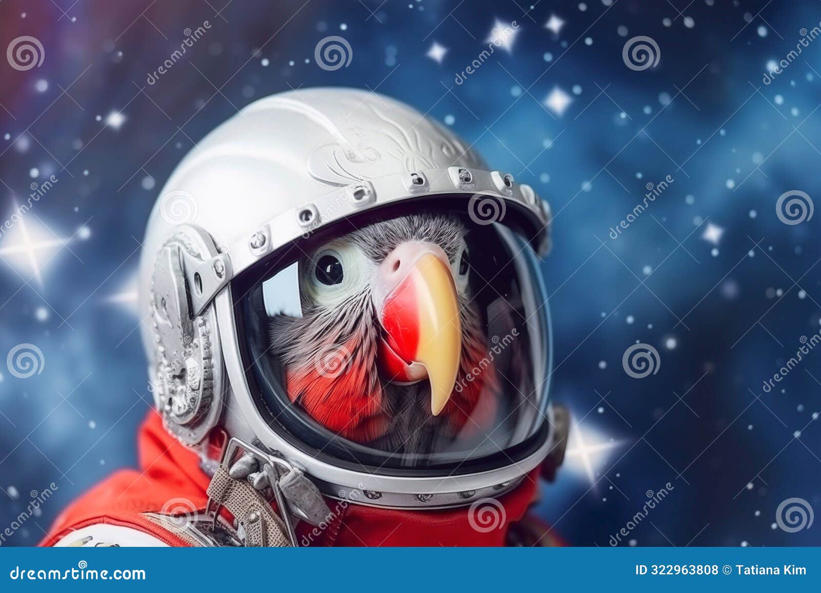 Parrot in Spacesuit on Space Background from Different Planets. Stock ...