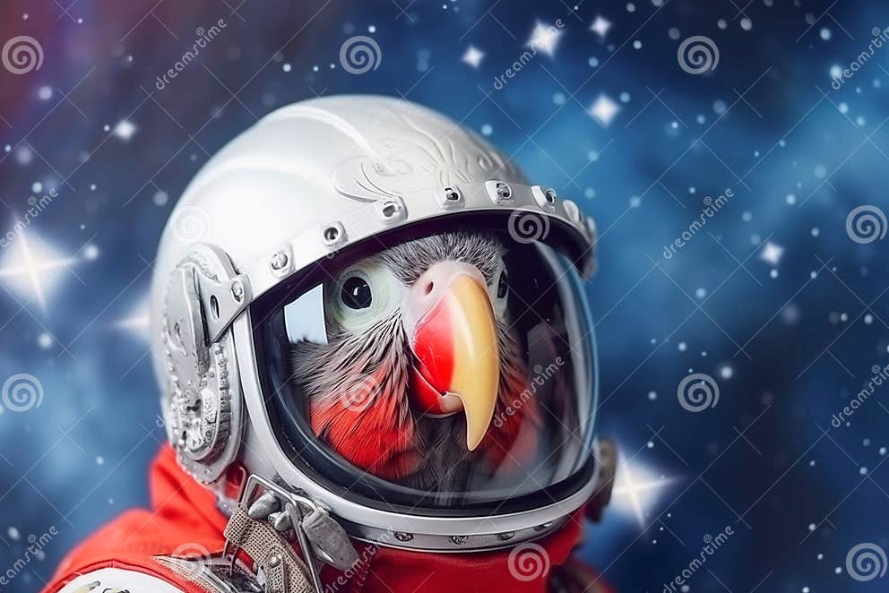 Parrot in Spacesuit on Space Background from Different Planets. Stock ...
