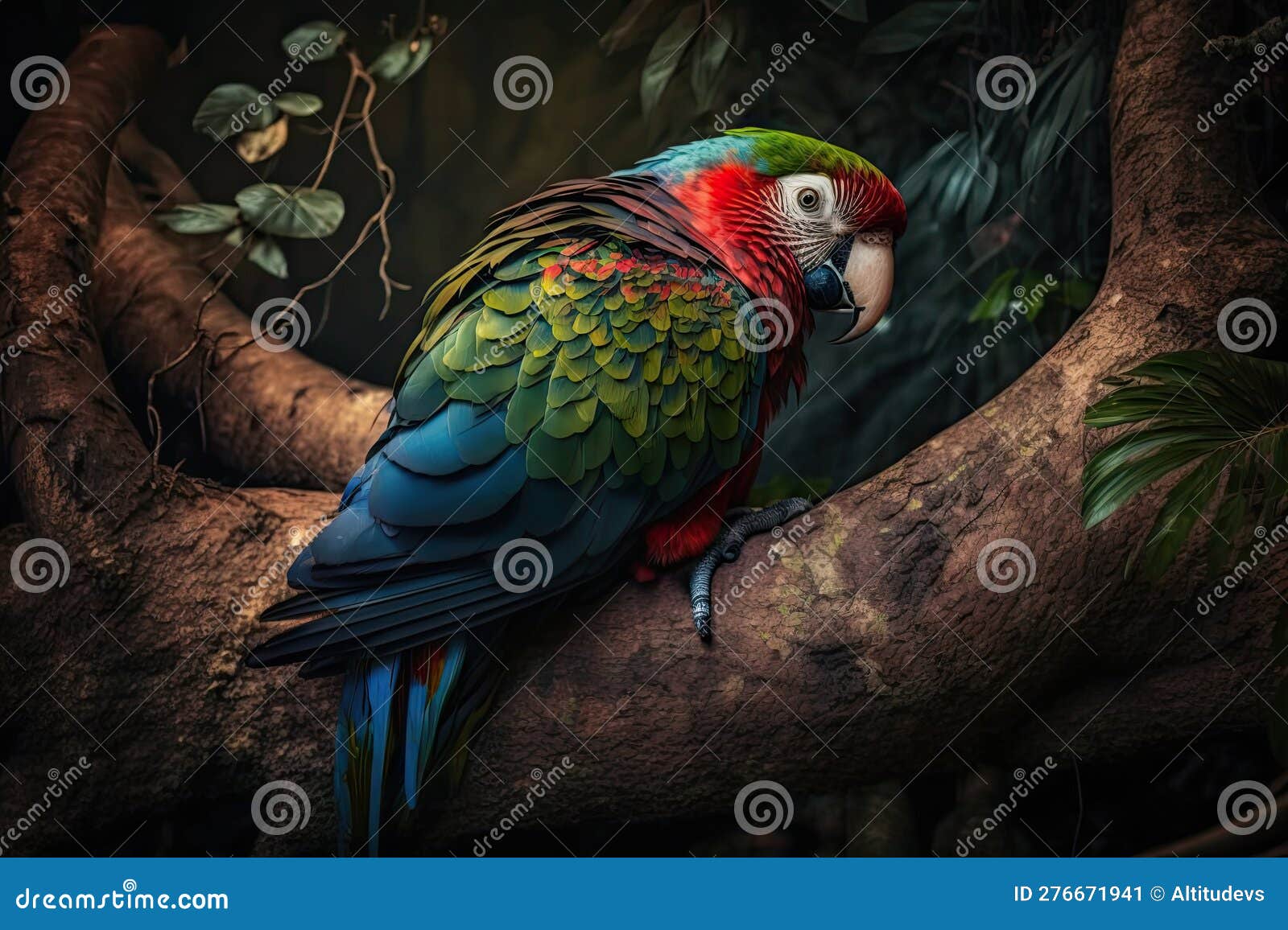 Parrot on Tree Branch, Looking Down at Jungle Floor Stock Illustration ...