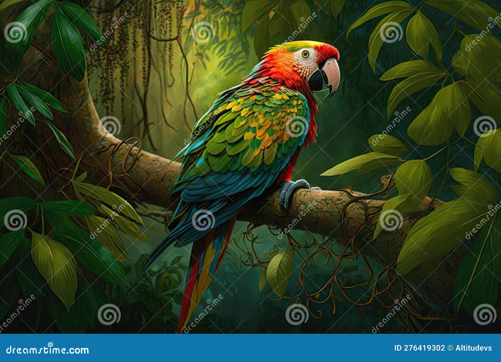 Parrot on Tree Branch, Surrounded by Lush Jungle Stock Photo - Image of ...