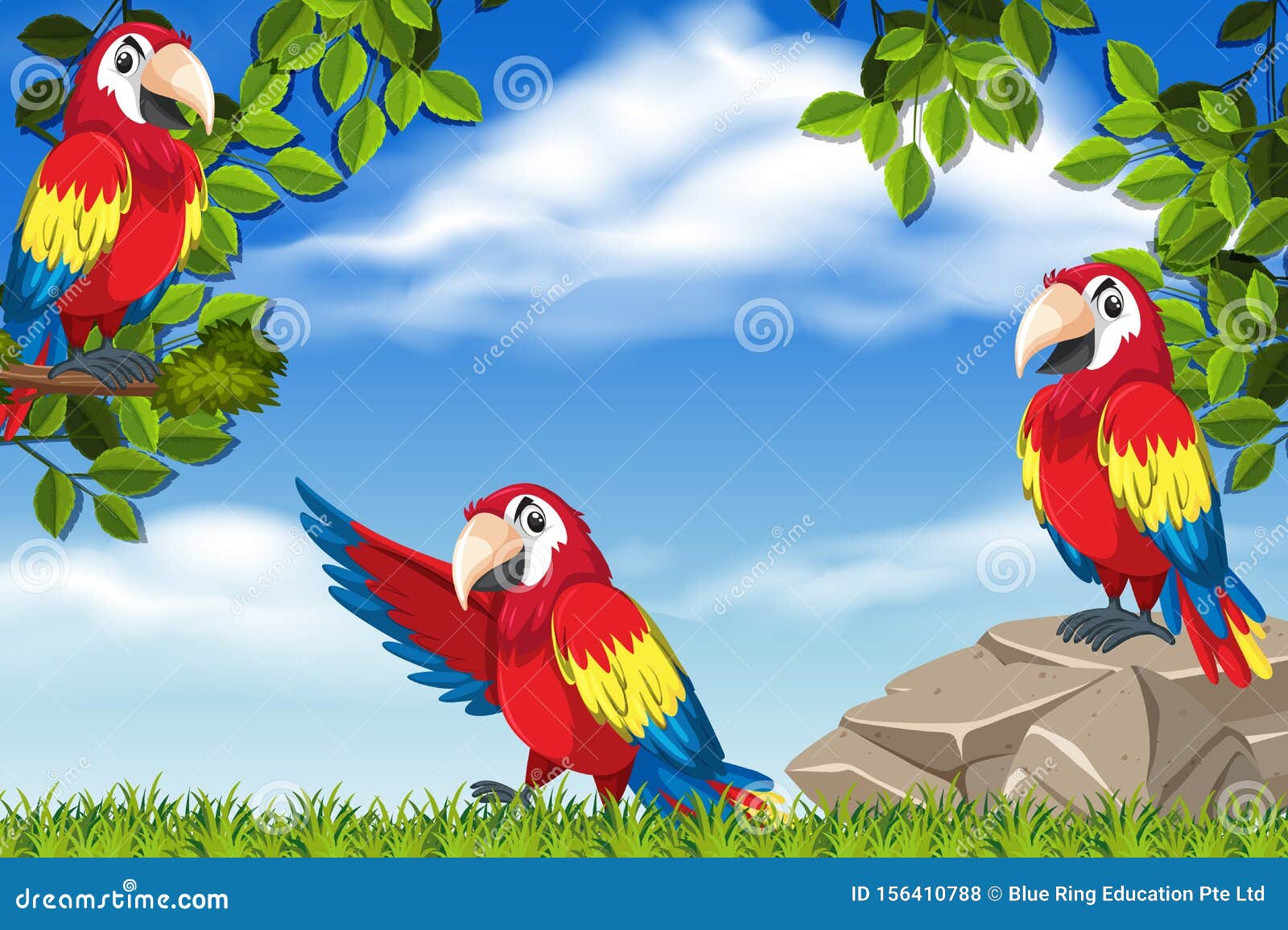 Parrots in jungle scene stock vector. Illustration of yellow - 156410788