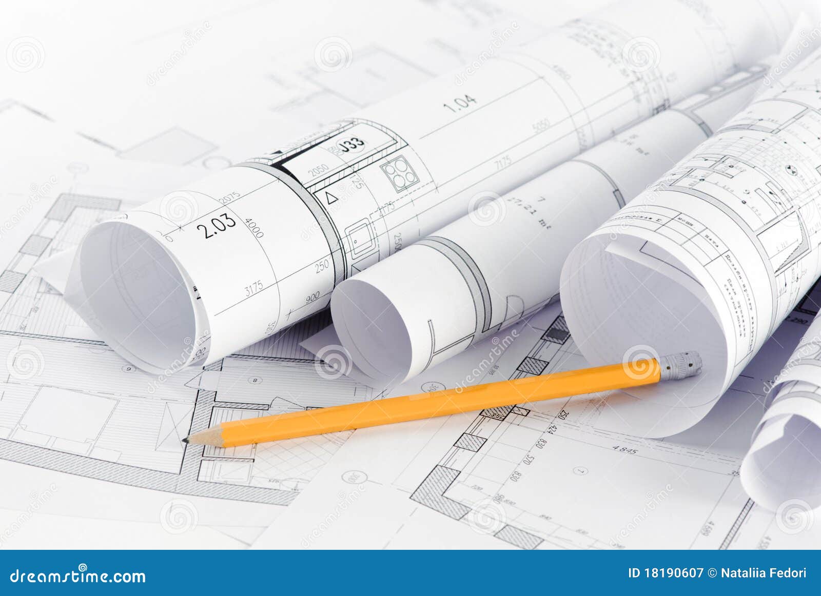 Architectural Project, Drawings, Blueprint Rolls On House Plan Stock ...
