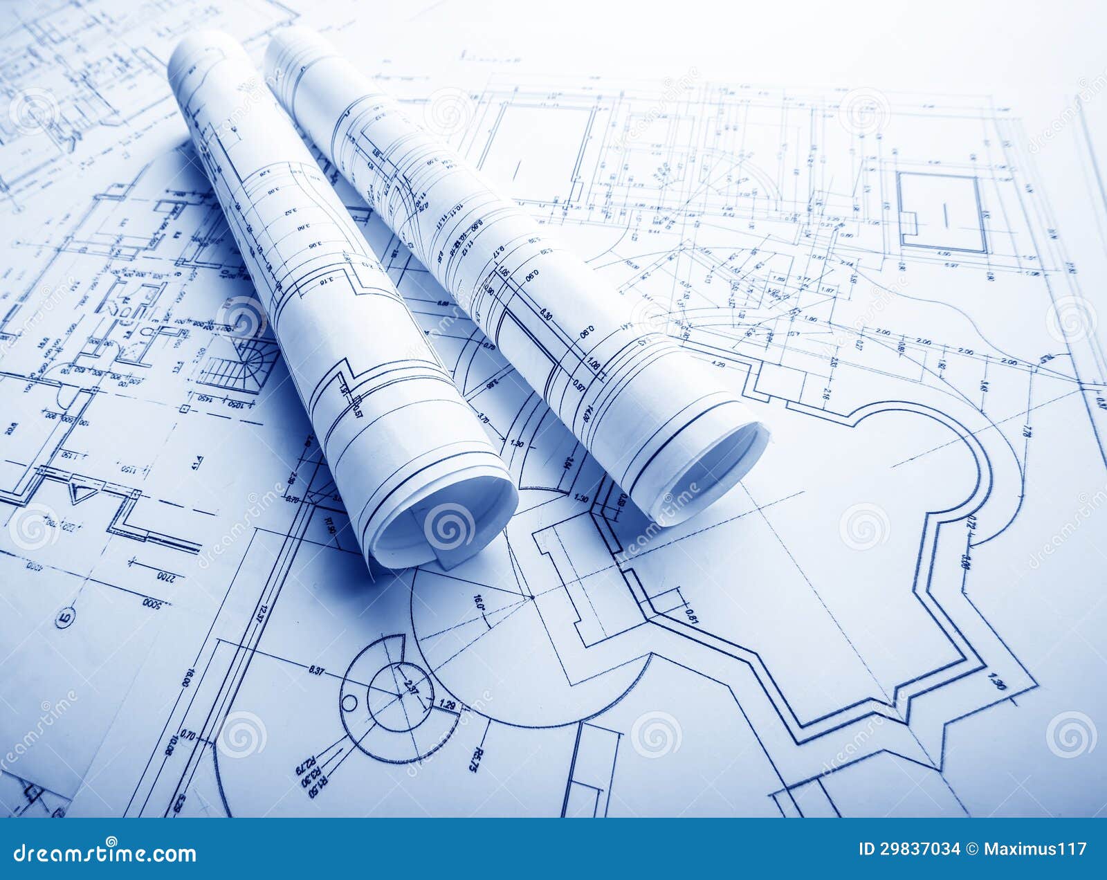 Architectural Project Drawings, Rolls And House Plan Royalty-Free Stock ...