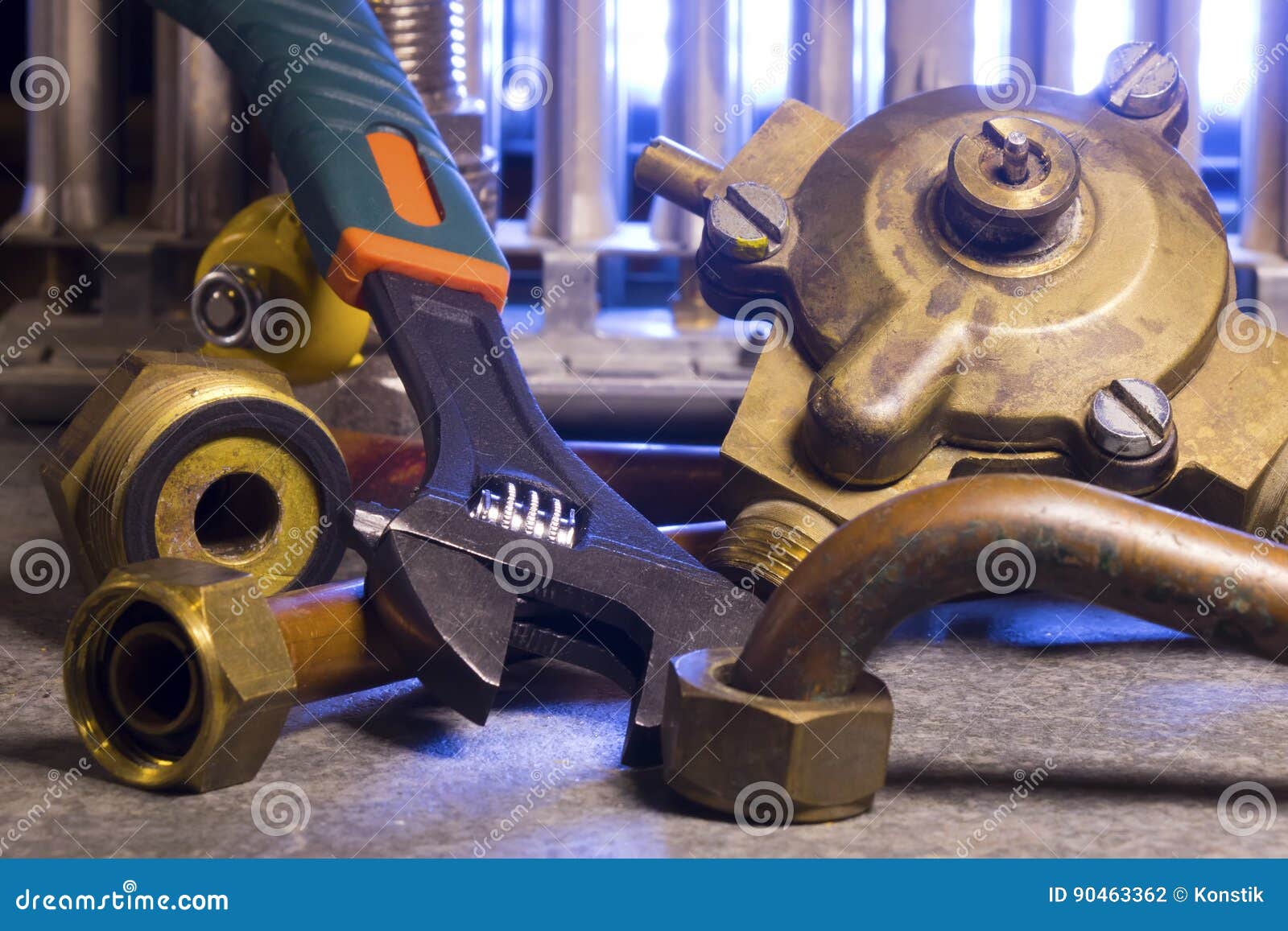 Part of Gas Boiler, Water Fittings and Adjustable Spanner Stock Photo ...