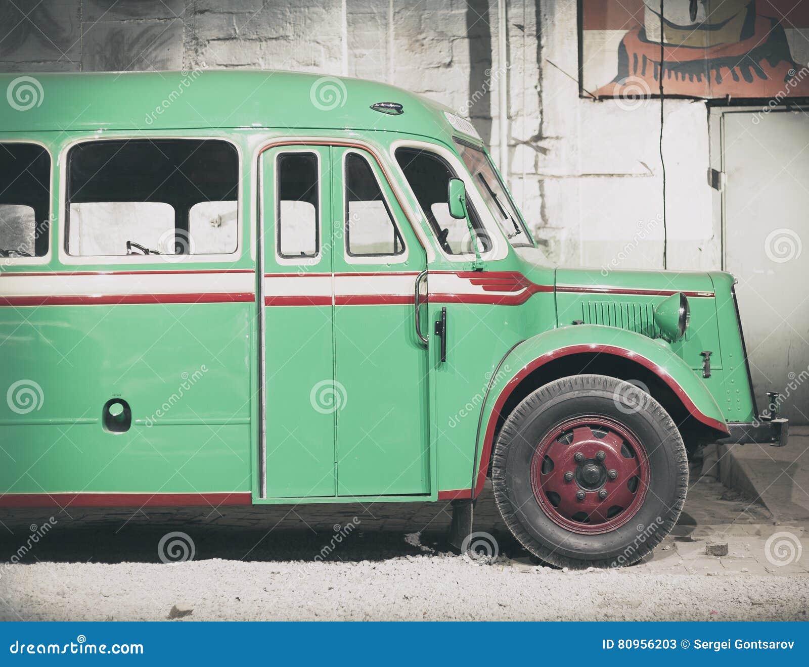 Part of Green Old Retro Bus. Front Door and Wheel. Stock Image - Image ...
