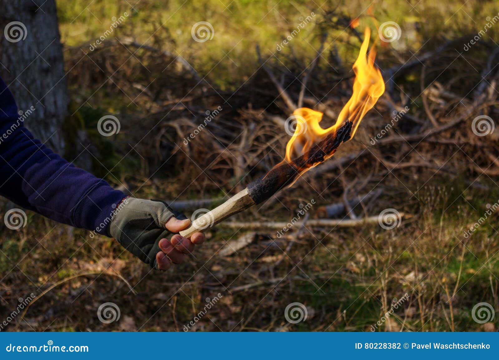 Part of a Man and Hand with Torch Flame in Wild Nature Background ...