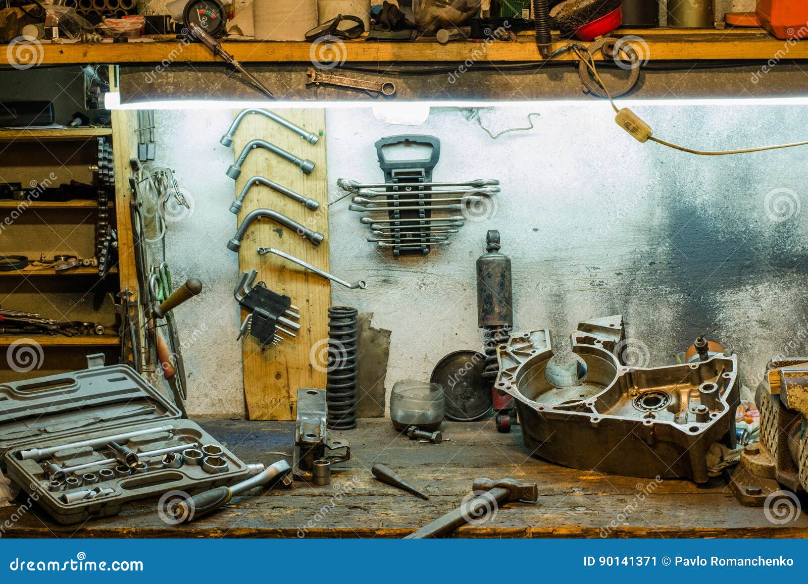 Part of Motorcycle Engine on a Table in Workshop Stock Image - Image of ...