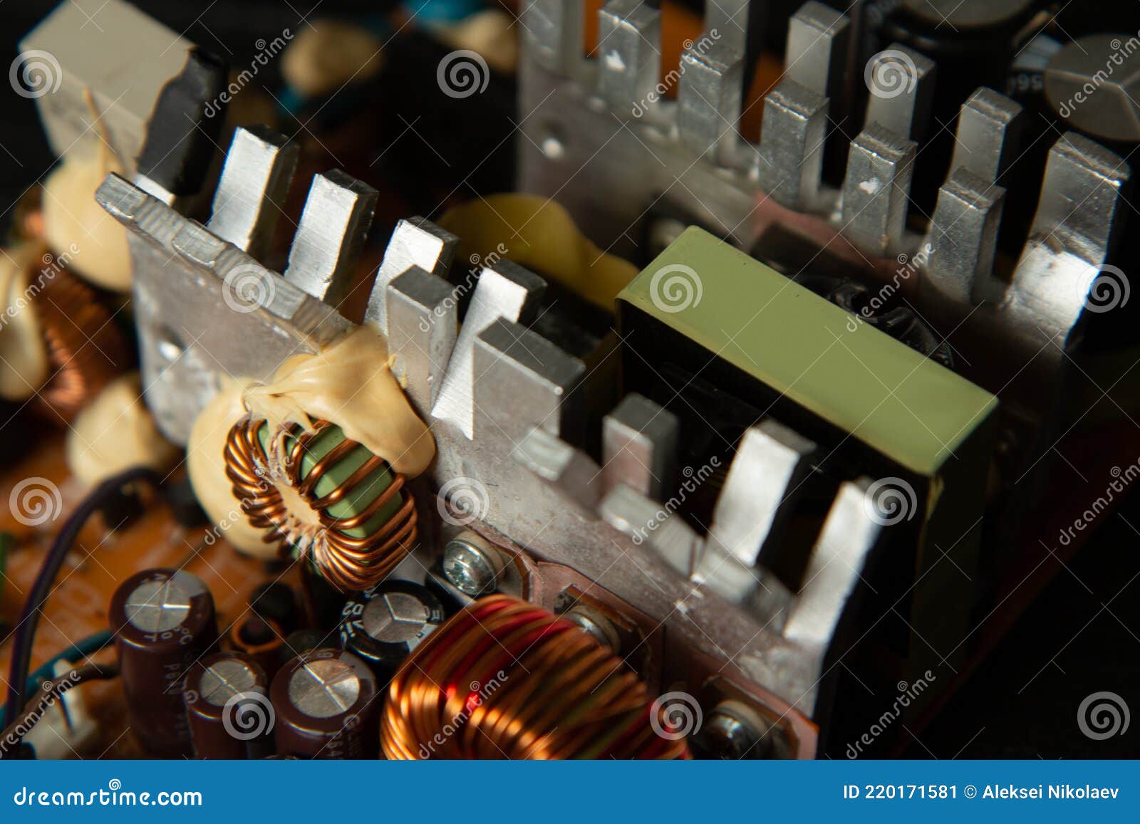 Part of Pc Power Supply with Radiator and Electronic Board with ...