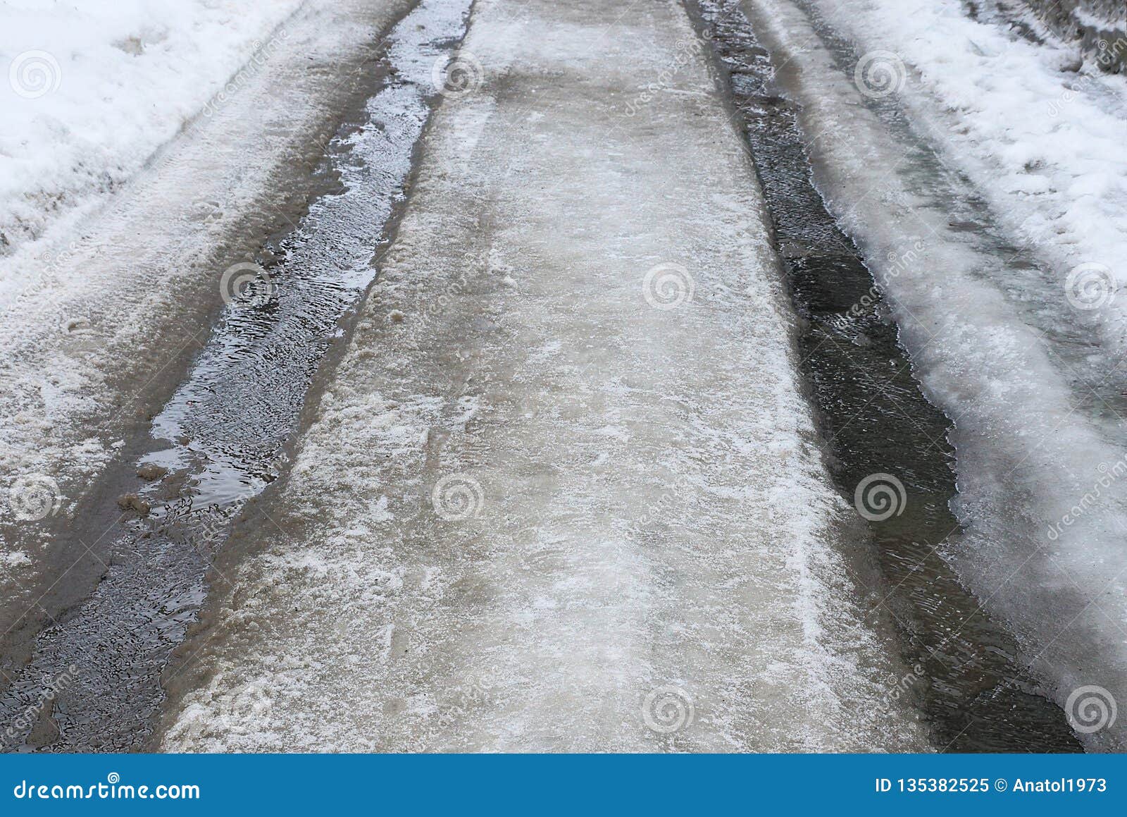 Part of the Road with Gray Mud and White Snow Stock Image - Image of ...