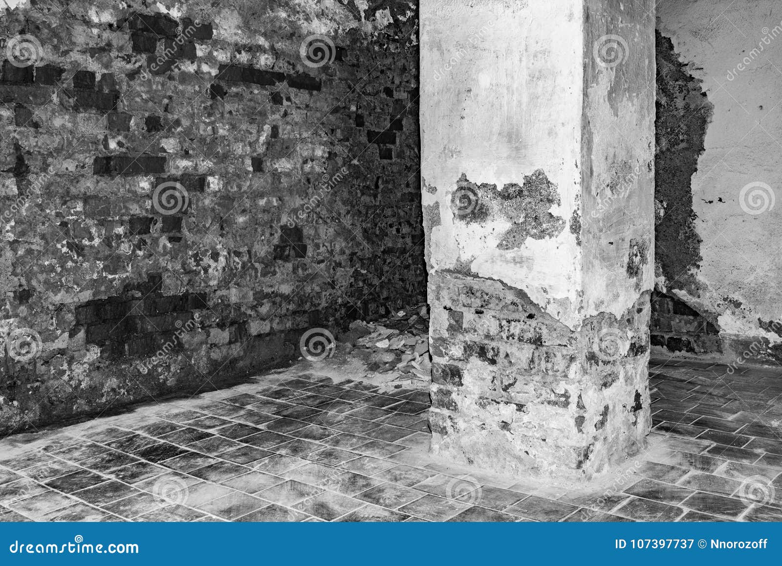 Part of the Room with Destroyed Brick Walls, Rectangular Column with ...