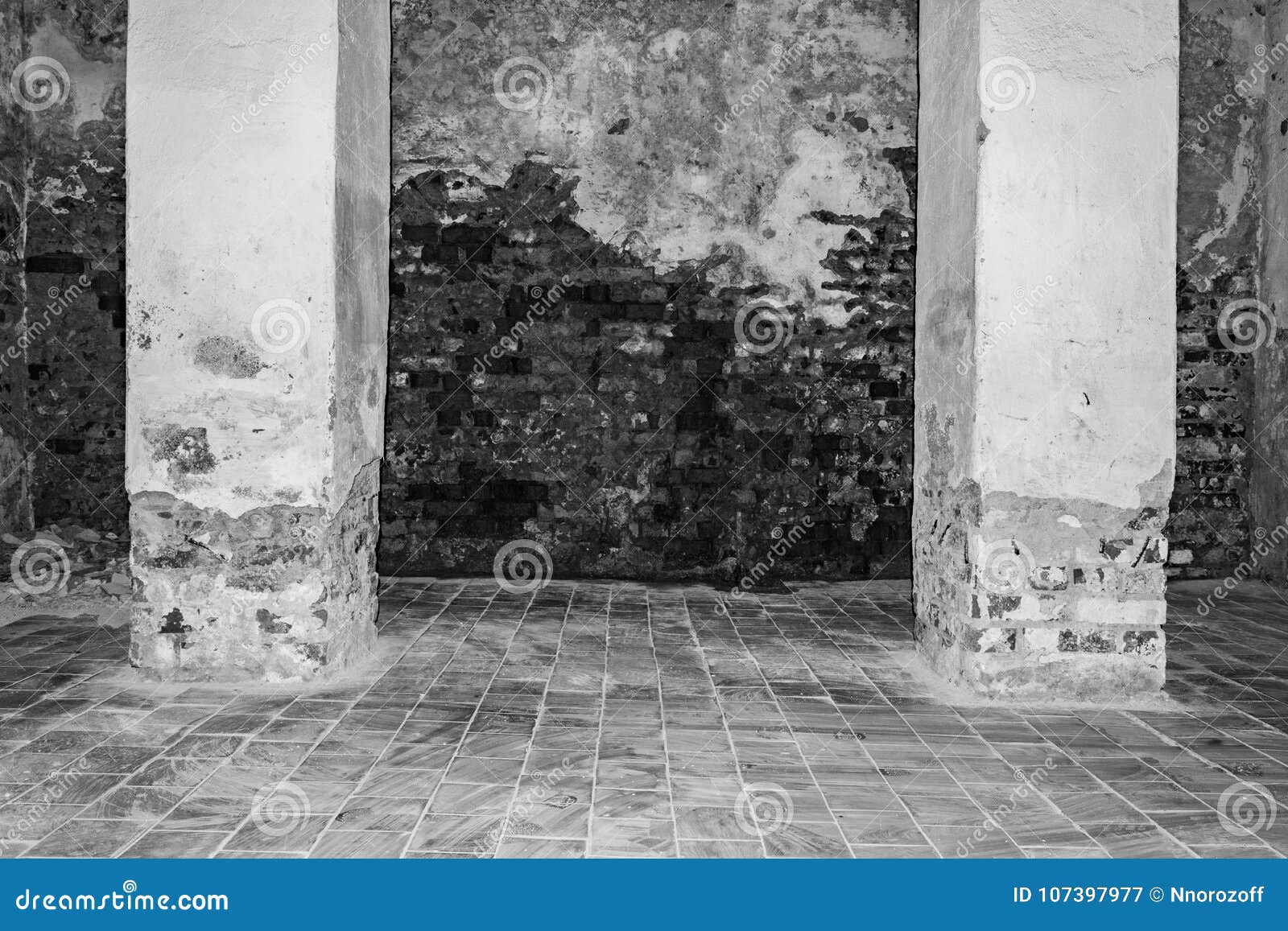 Part of the Room with Destroyed Brick Walls, Rectangular Two Columns ...