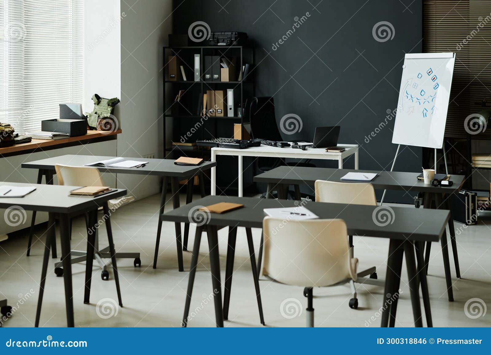 Part of Spacious Classroom with Two Rows of Desks with Chairs Stock ...