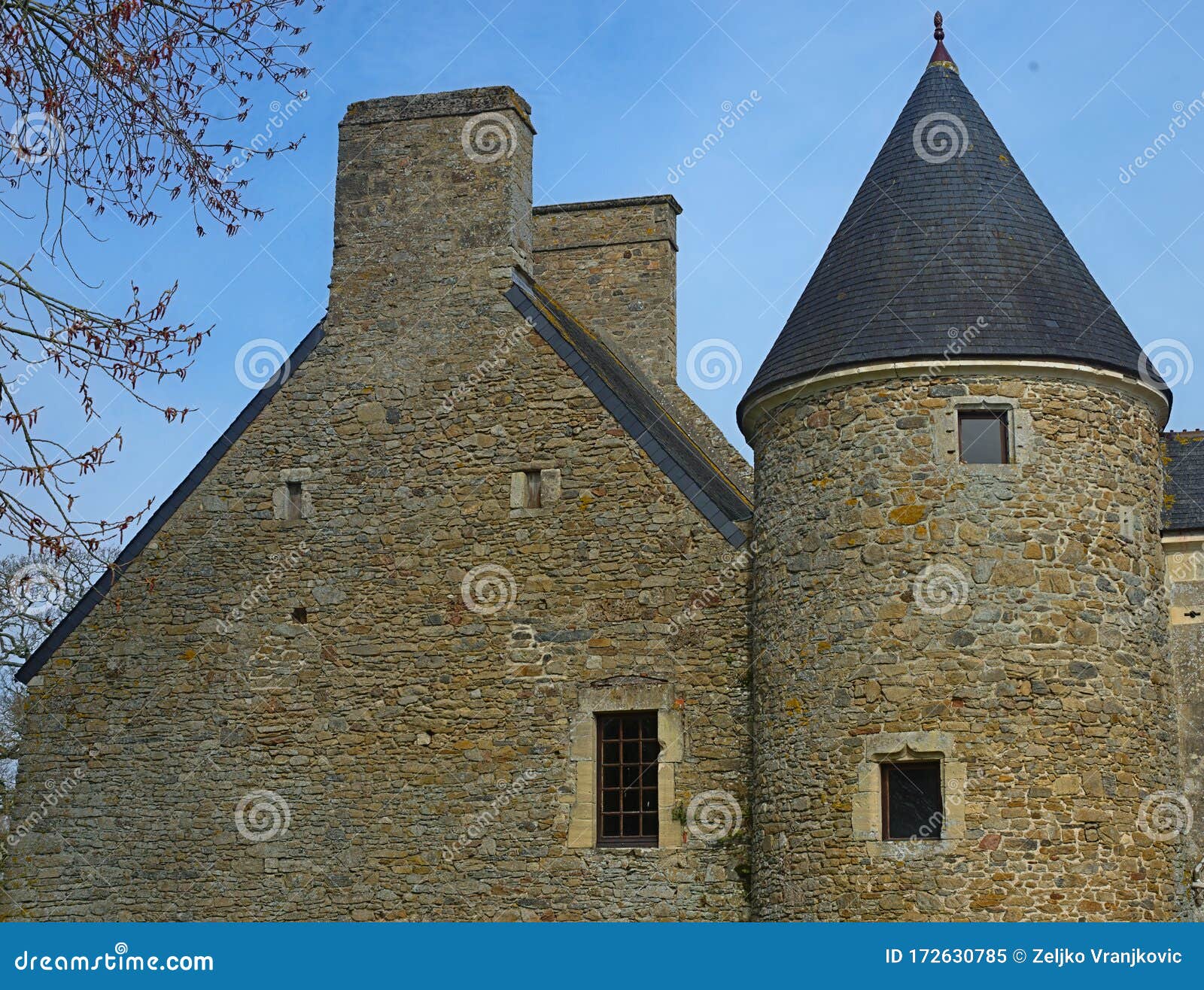 Part of Stone Medieval Castle with Round Tower Stock Image - Image of ...