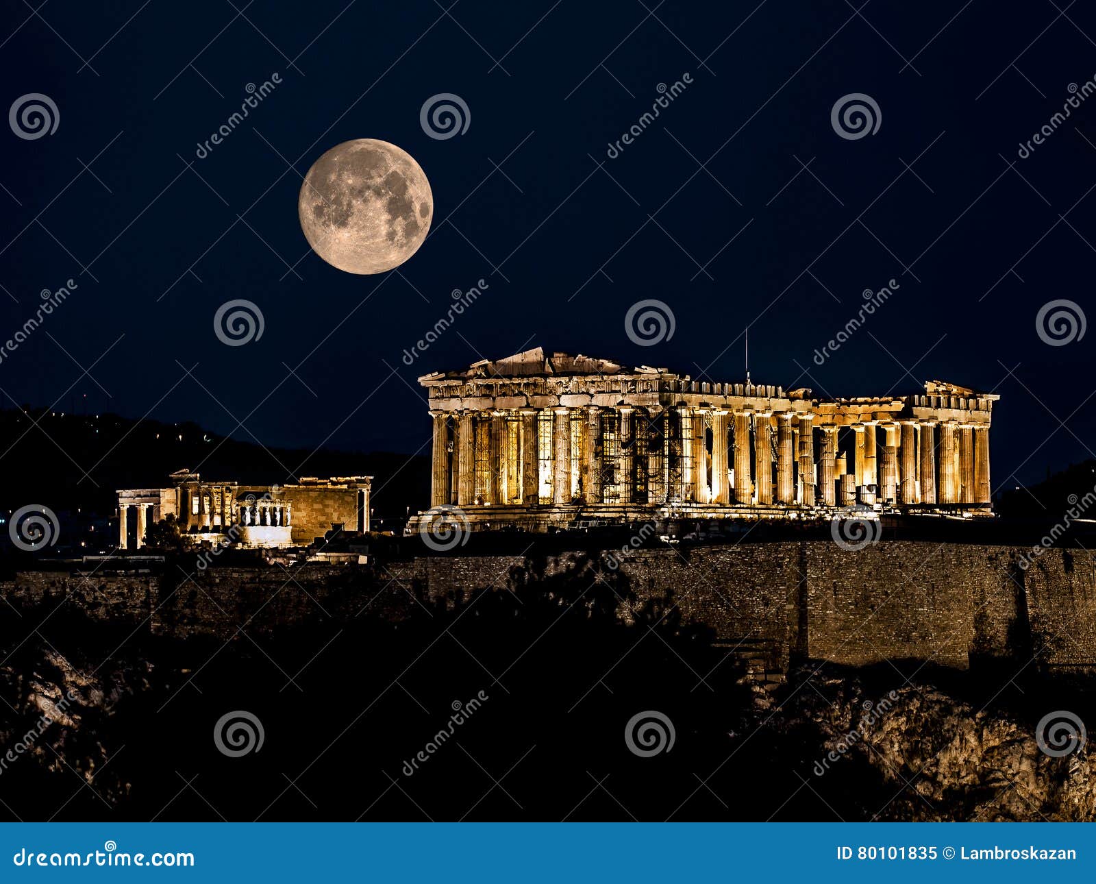 Athens, Night View Of Parthenon Temple On Acropolis Stock Image ...