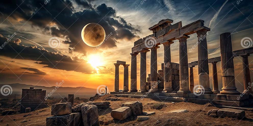 A Partial Eclipse Casting an Eerie Shadow Over the Ruins of an Ancient ...