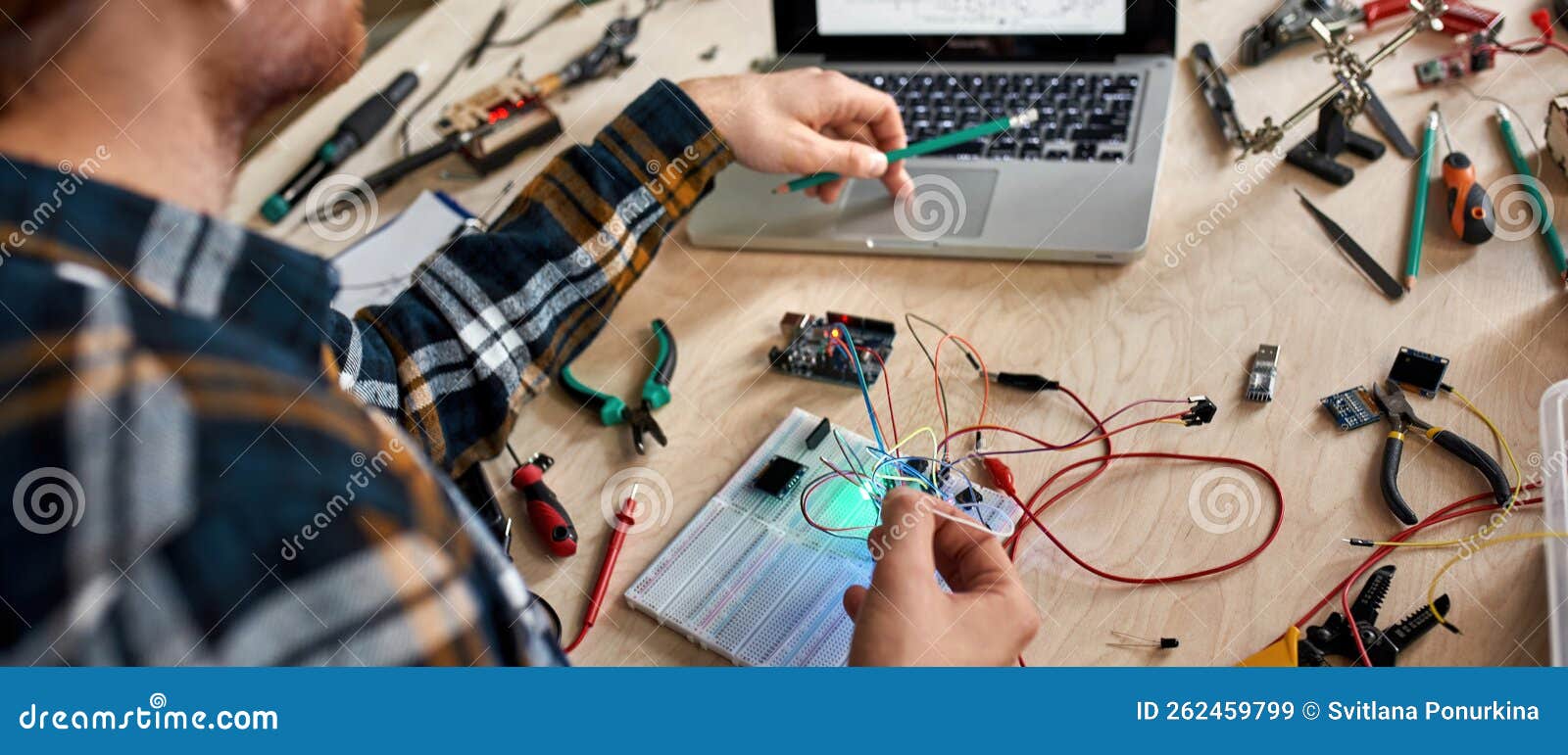 Partial Engineer Use Laptop while Connect Wires Stock Image - Image of ...