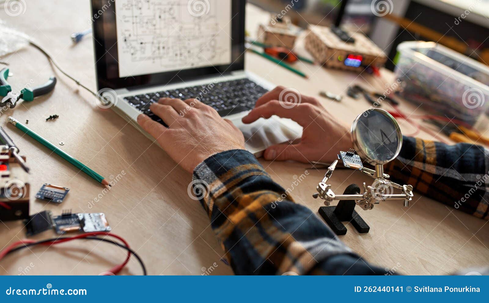 Partial Engineer Use Laptop with Technical Scheme Stock Image - Image ...