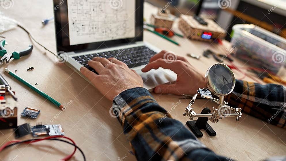 Partial Engineer Use Laptop with Technical Scheme Stock Image - Image ...