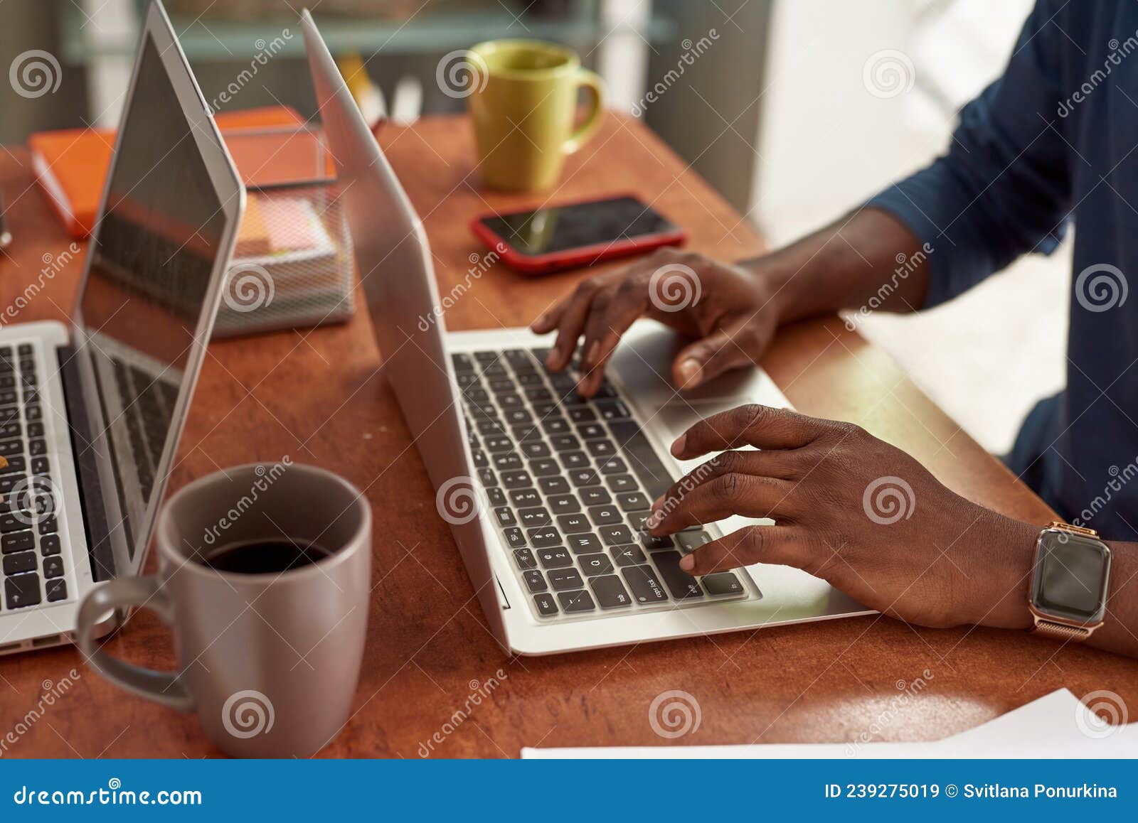 Partial Image of Black Man Typing on Laptop Stock Image - Image of ...