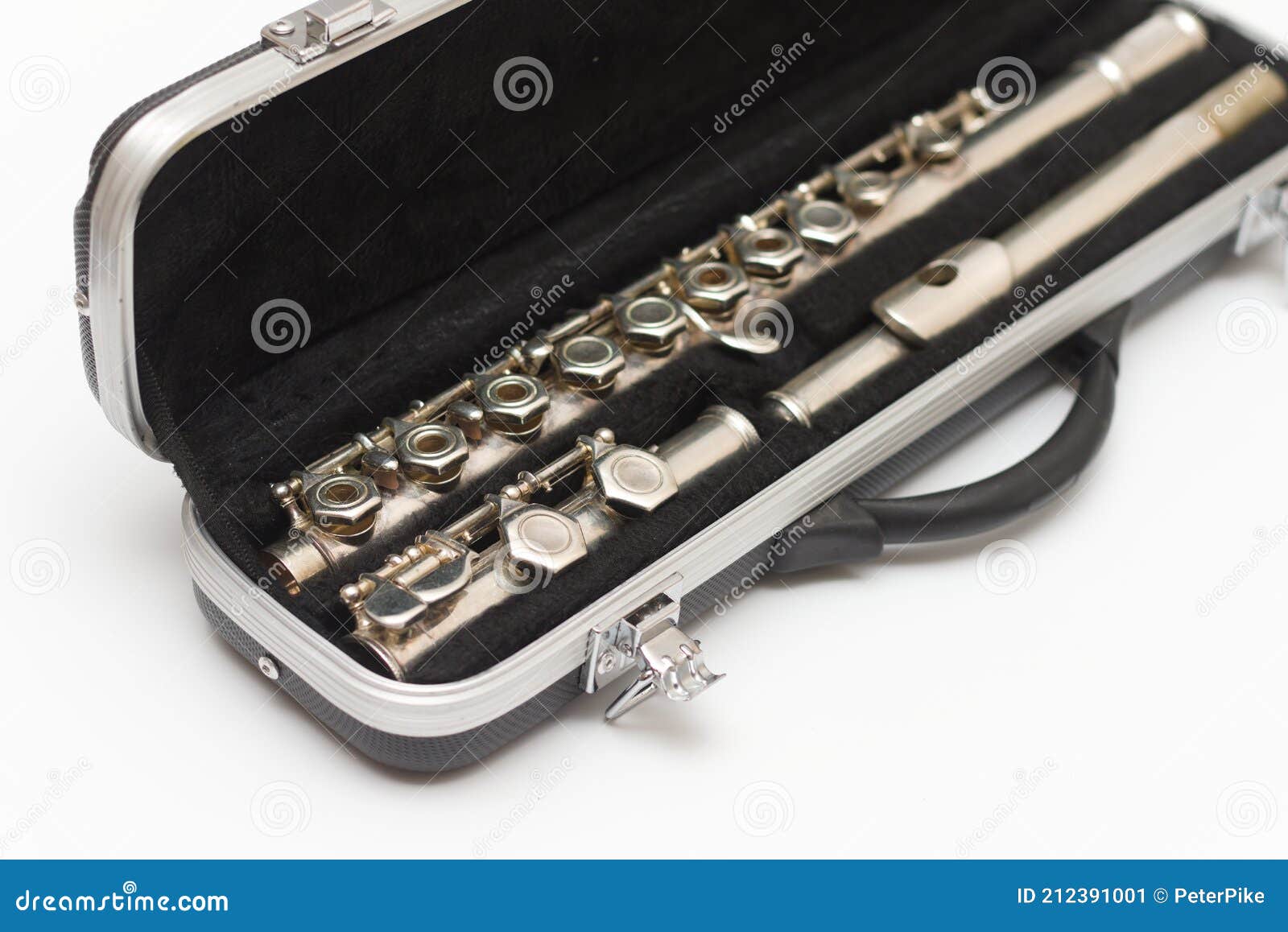 Partial Side View of Shiny Disassembled Silver Flute in Black Case ...