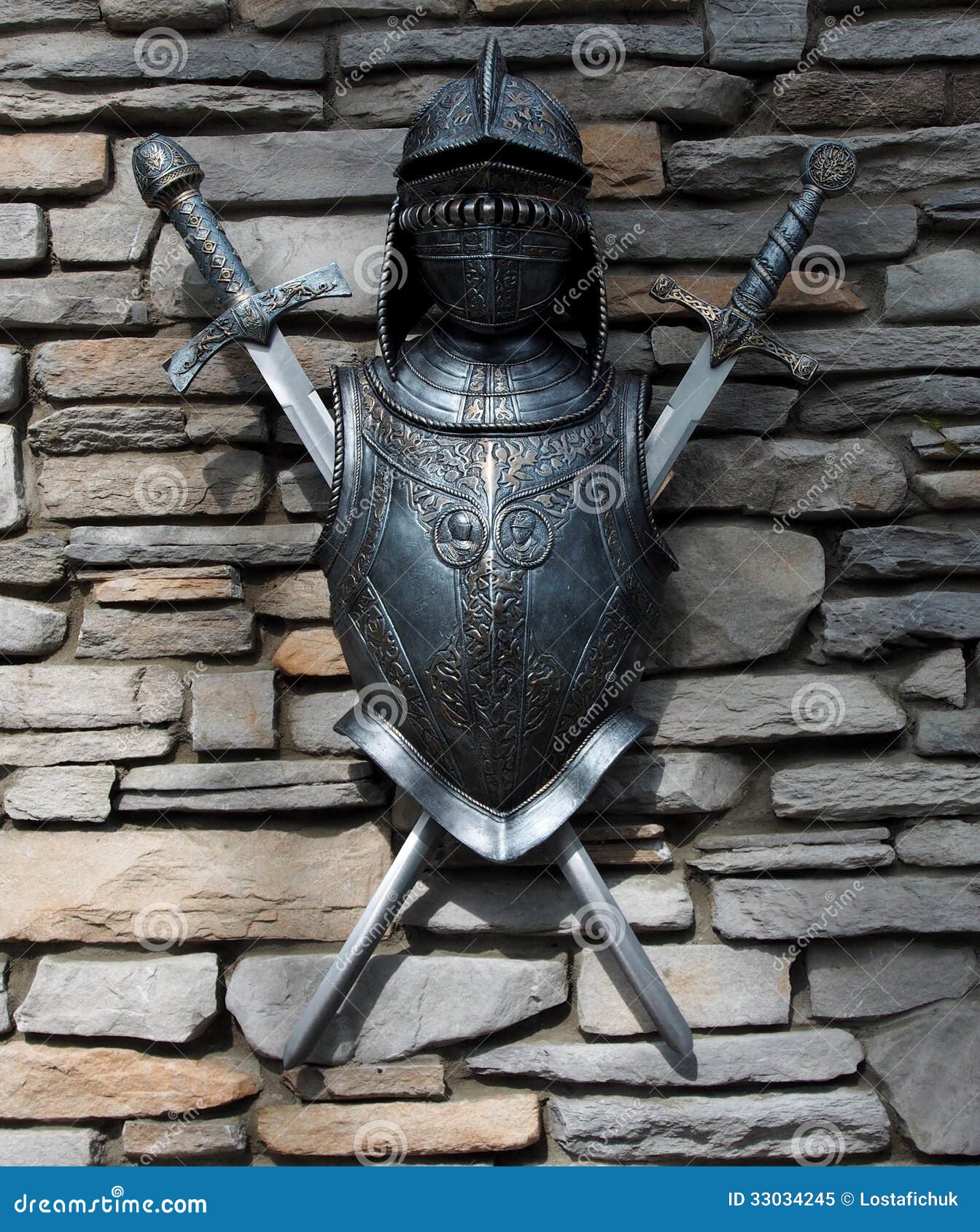 Partial Suit of Armor and Swords Mounted on Stone Wall Stock Image ...