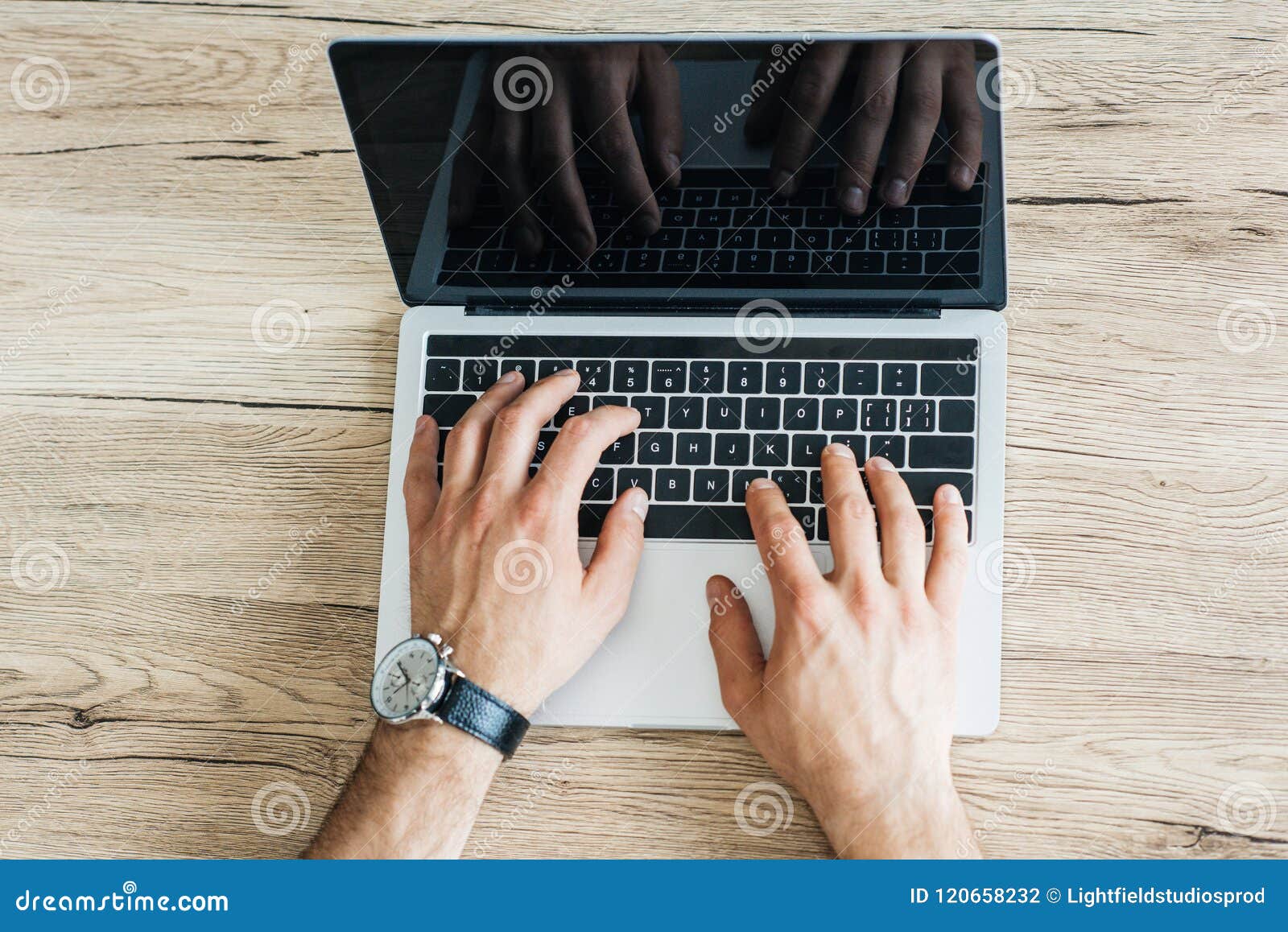Partial Top View of Person Using Laptop with Blank Screen Stock Photo ...