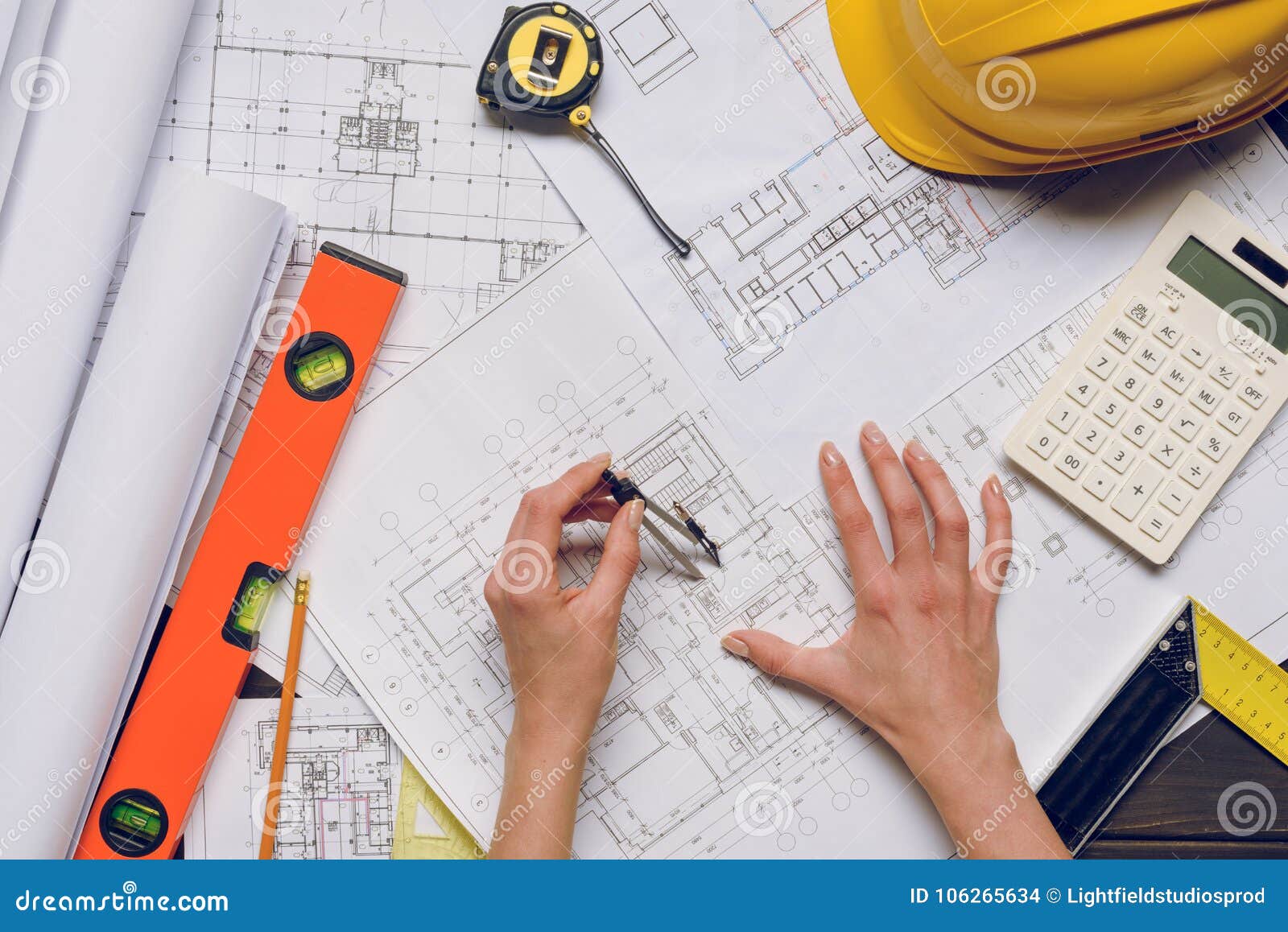 Architect Working on Blueprints Stock Photo - Image of objects, hands ...