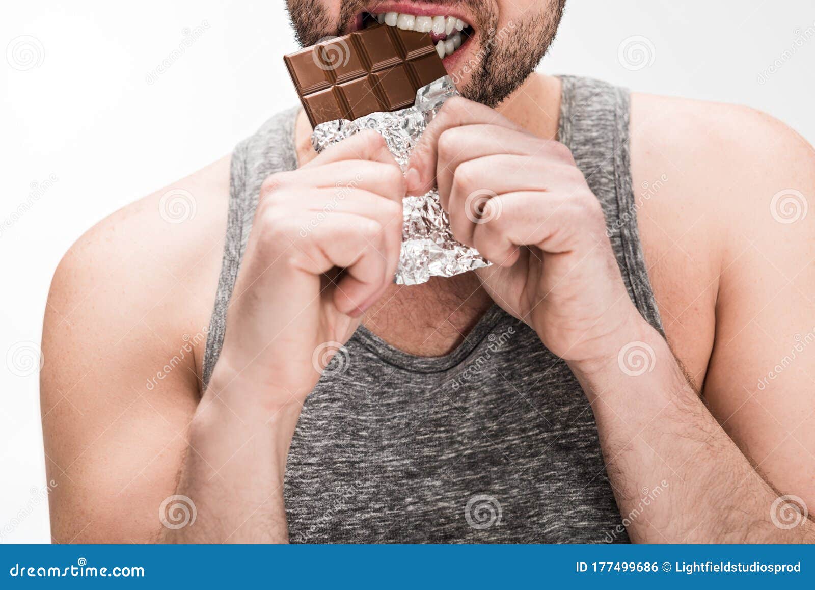 View of Chubby Man Eating Chocolate on White Stock Photo - Image of ...