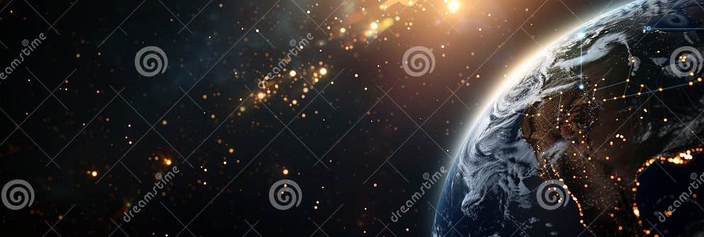 Partial View of Earth with Glowing Networks and Light Particles in ...