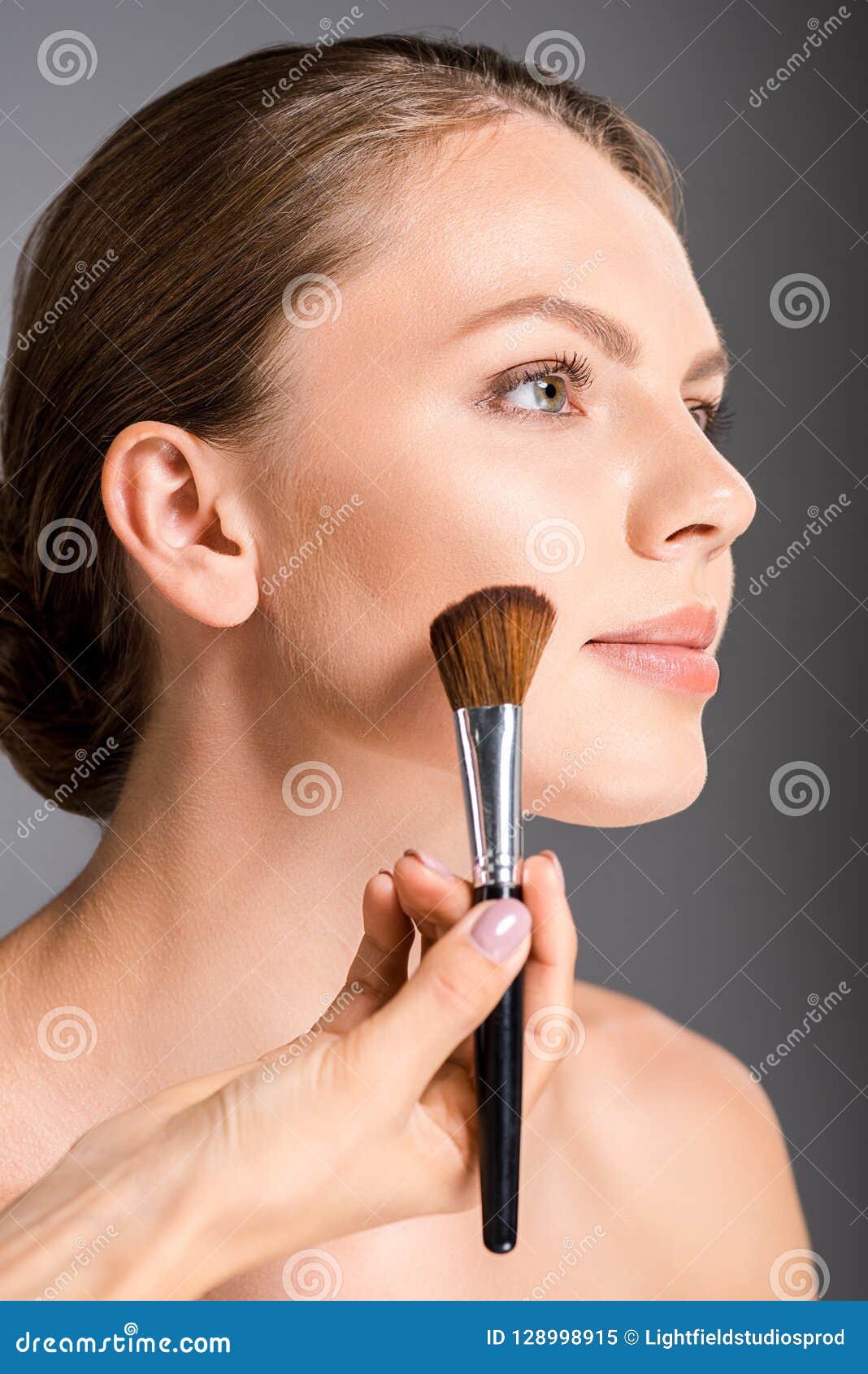 Partial View of Makeup Artist Applying Blush on Models Face Stock Image ...