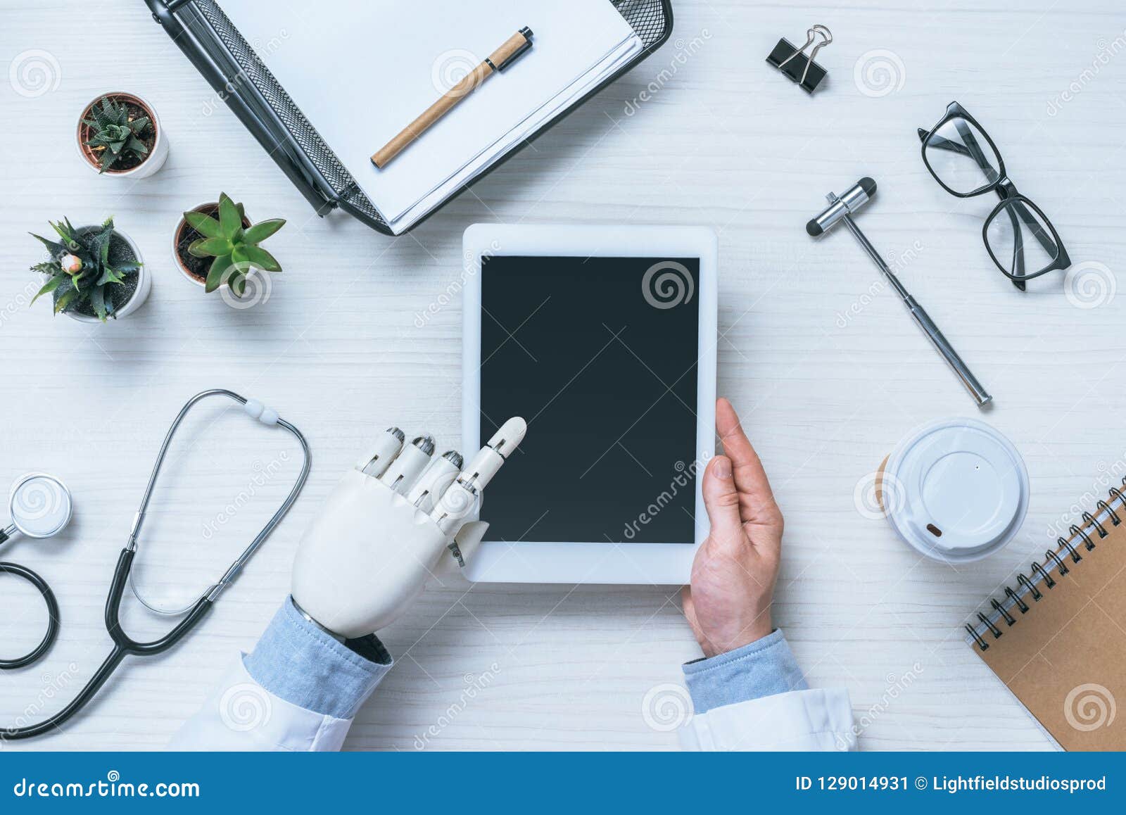 Partial View of Male Doctor with Prosthetic Arm Using Digital Tablet ...