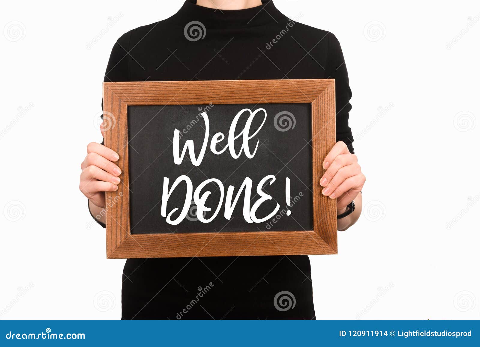 Partial View of Woman Holding Board with Lettering Well Done Stock ... Partial View of Woman Holding Board with Lettering Well Done Stock ...