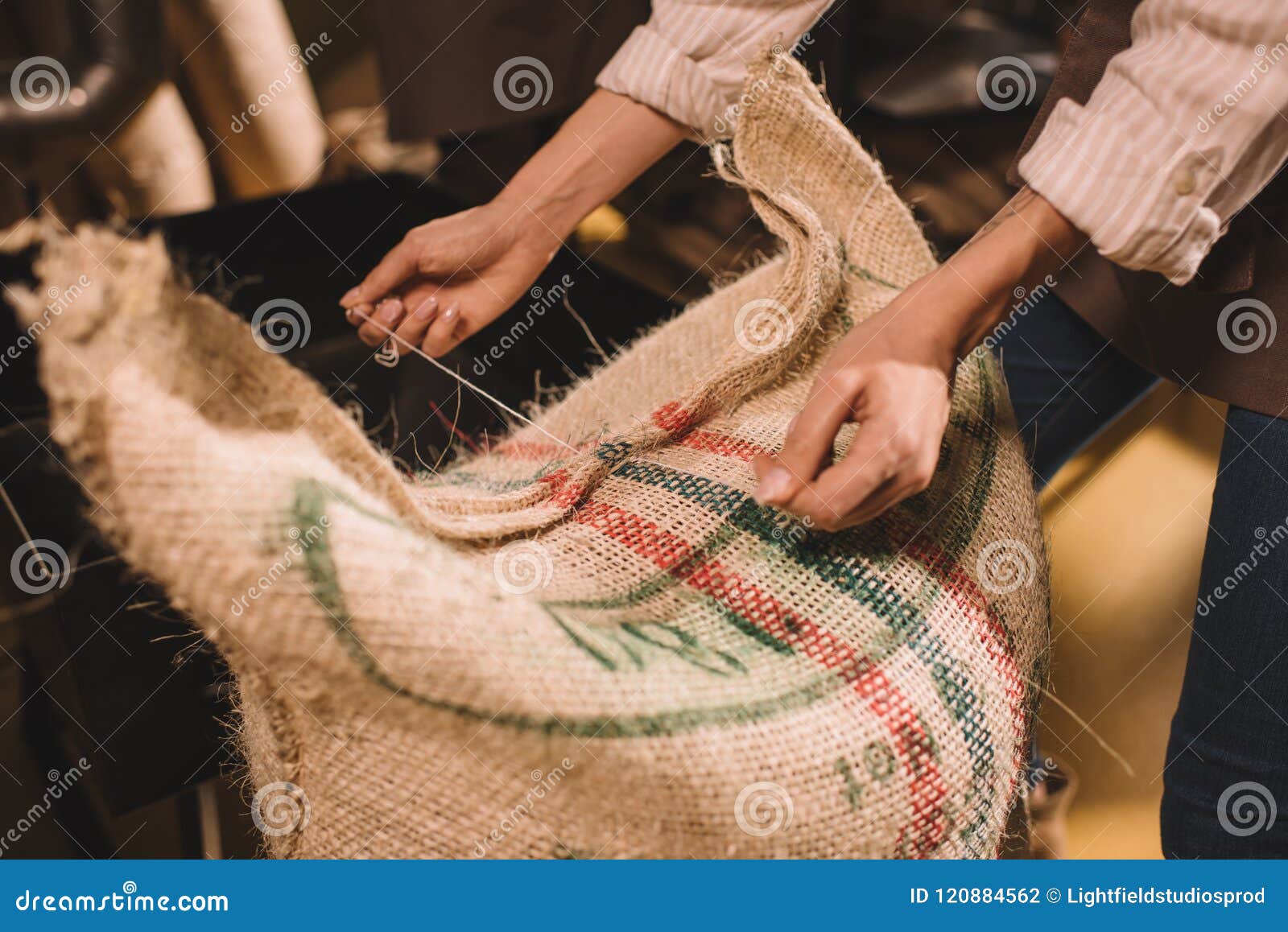 Partial View of Worker Tying Sack Bag Stock Photo - Image of roaster ...